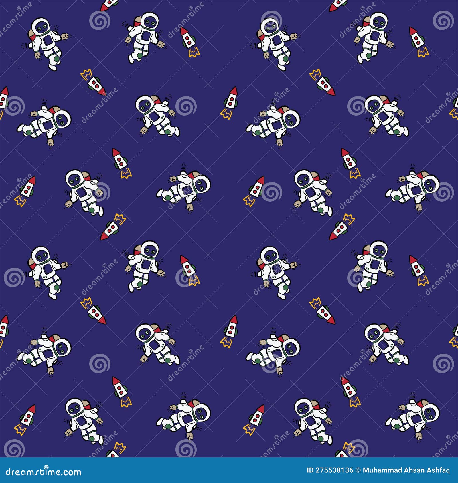 Speace Astronaut with Rocket Motif Conversational Seamless Pattern ...