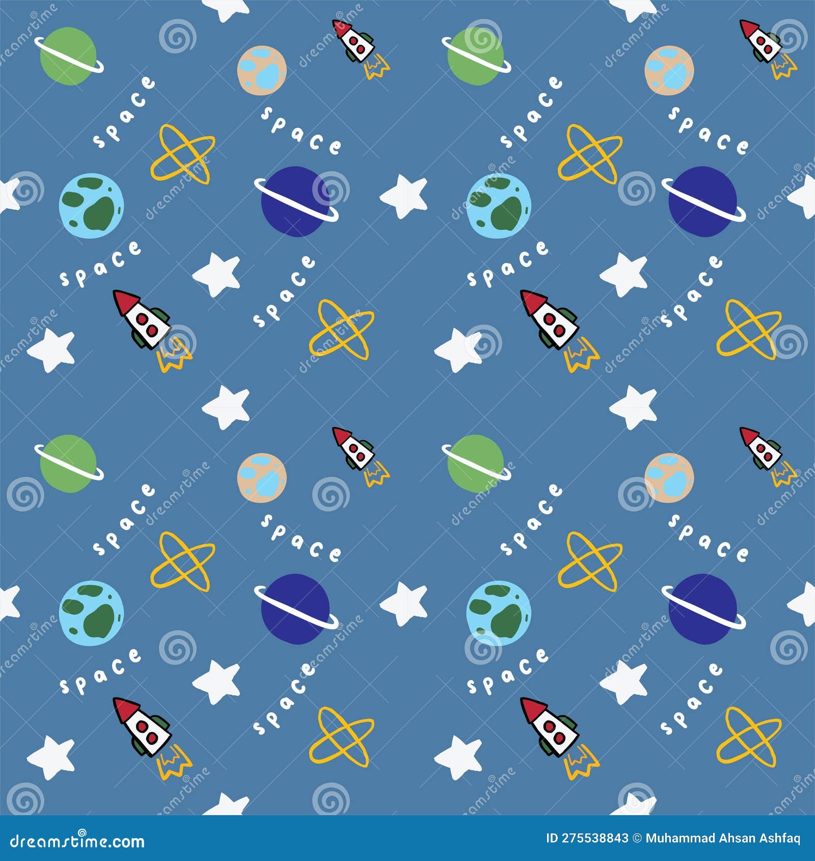 Space Planet Stars Rocket Galaxy Motif Conversational Seamless Pattern ...