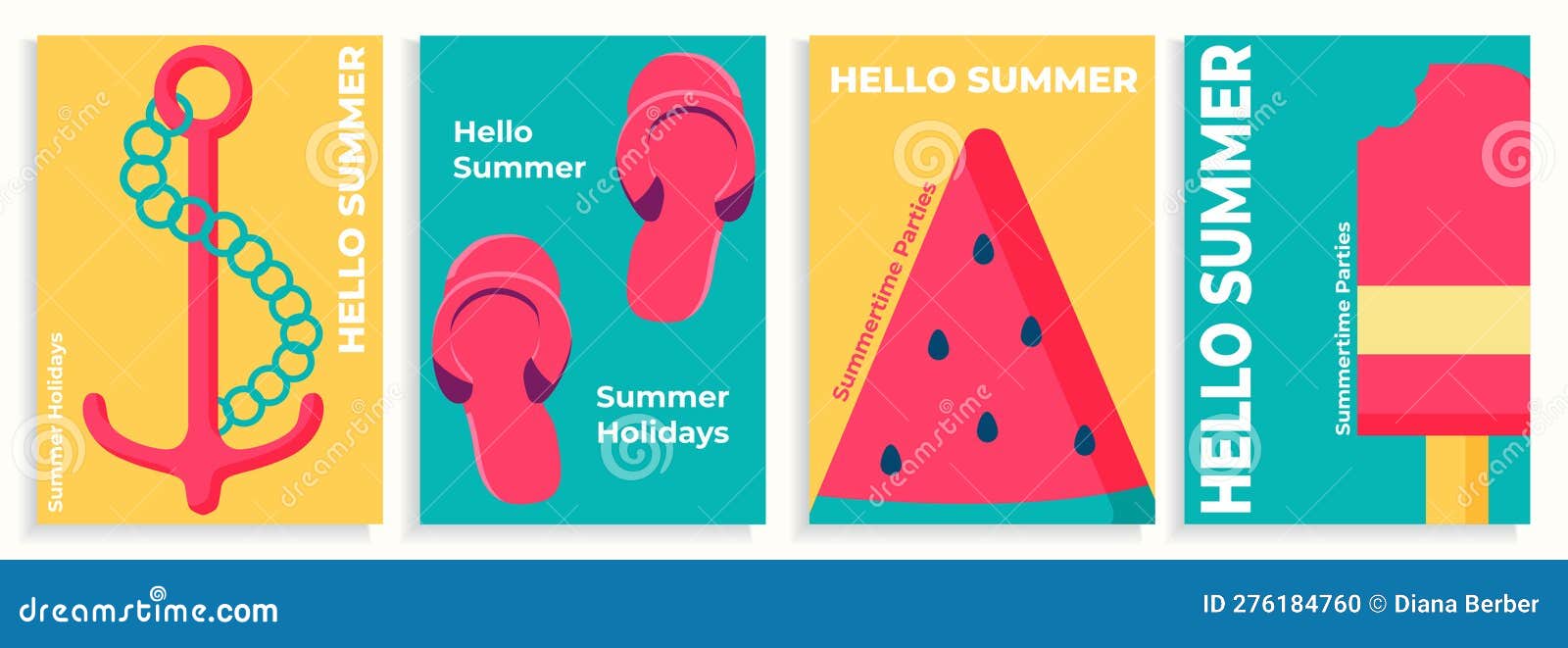 Collection of Four Summer Posters with Summertime Leisure Objects in a ...