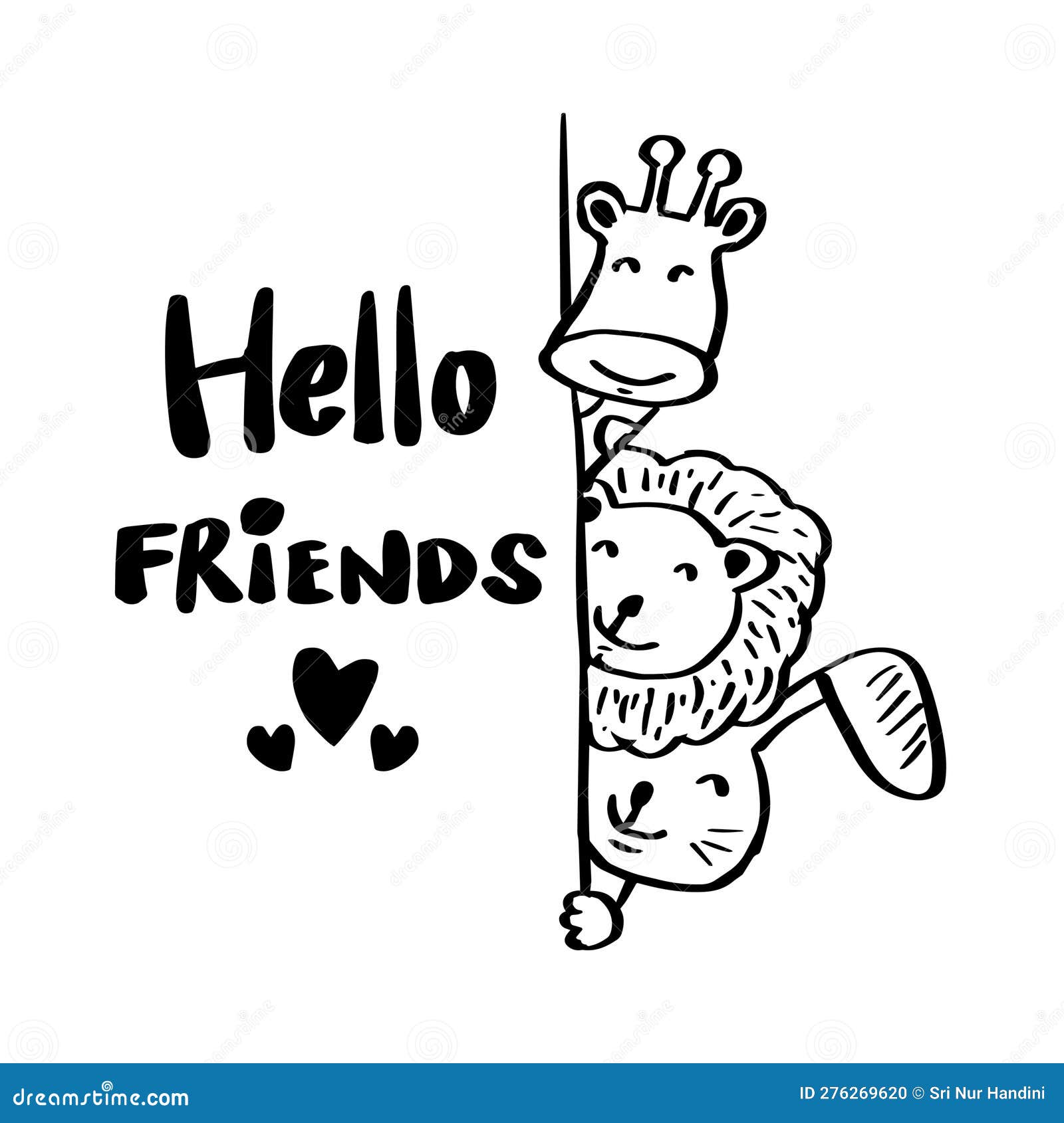 Hello Friends, Hand Lettering with Cute Animals. Stock Illustration ...