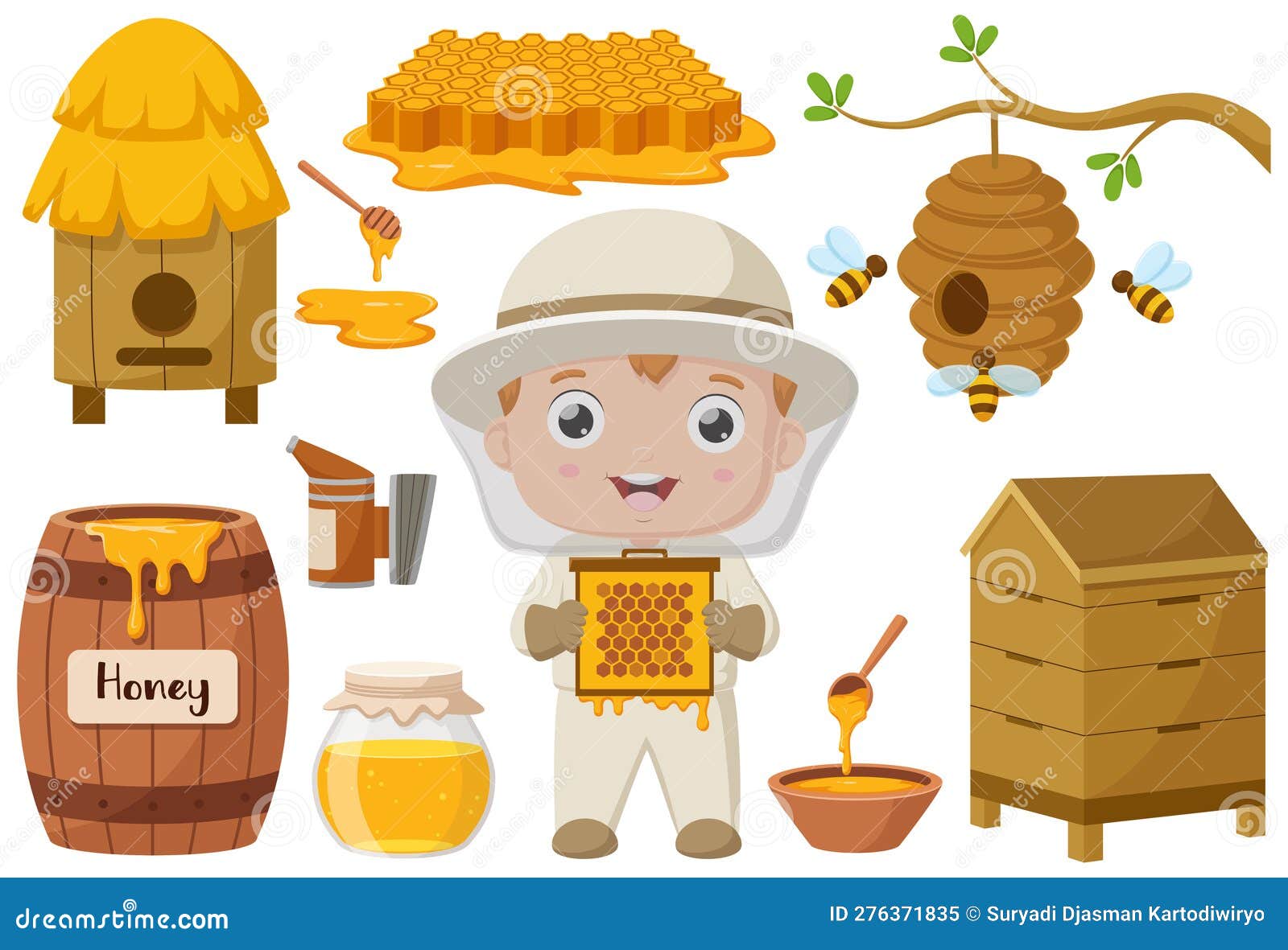 Cartoon Illustrations Beekeeper Elements Collection Stock Vector ...