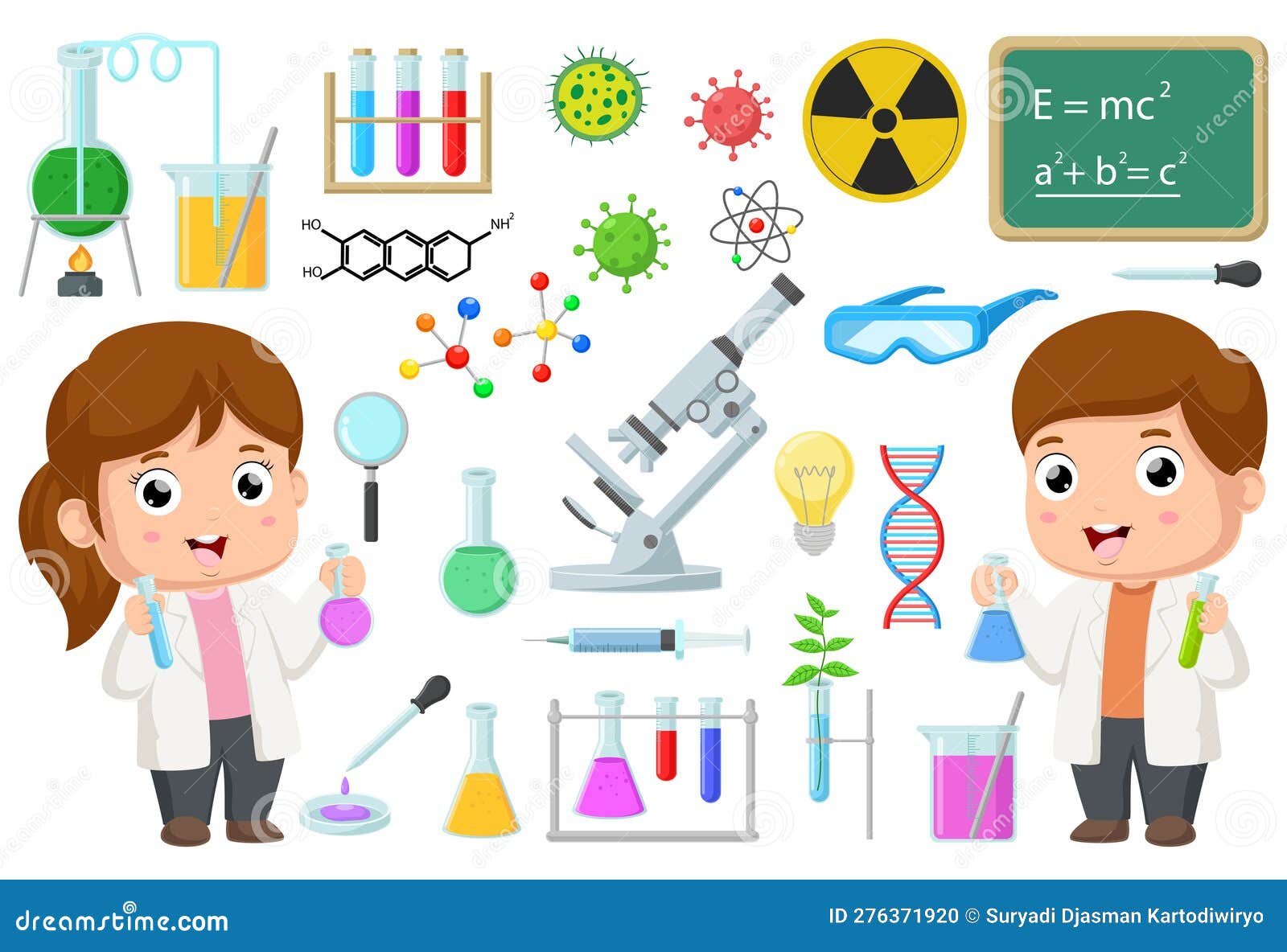Cute Girl and Boy Scientists with Laboratory Equipment Elements Stock ...