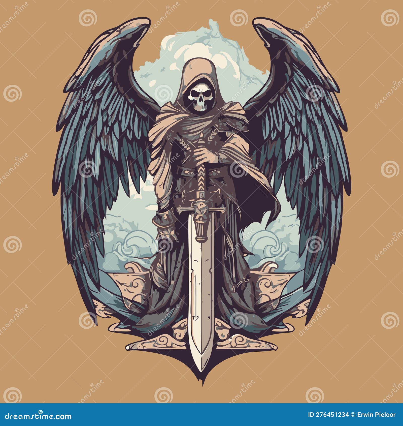 Grim Reaper with Wings and Sword. Hand Drawn Vector Illustration Stock ...