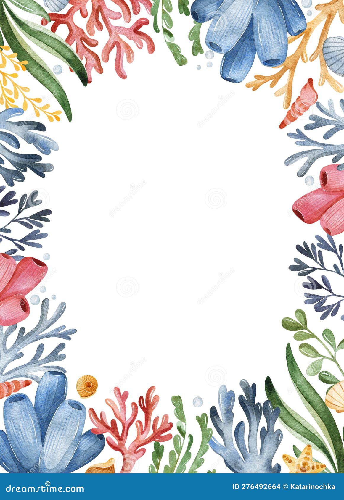 Watercolor Frame Border with Seaweeds and Corals.Underwater Collection ...