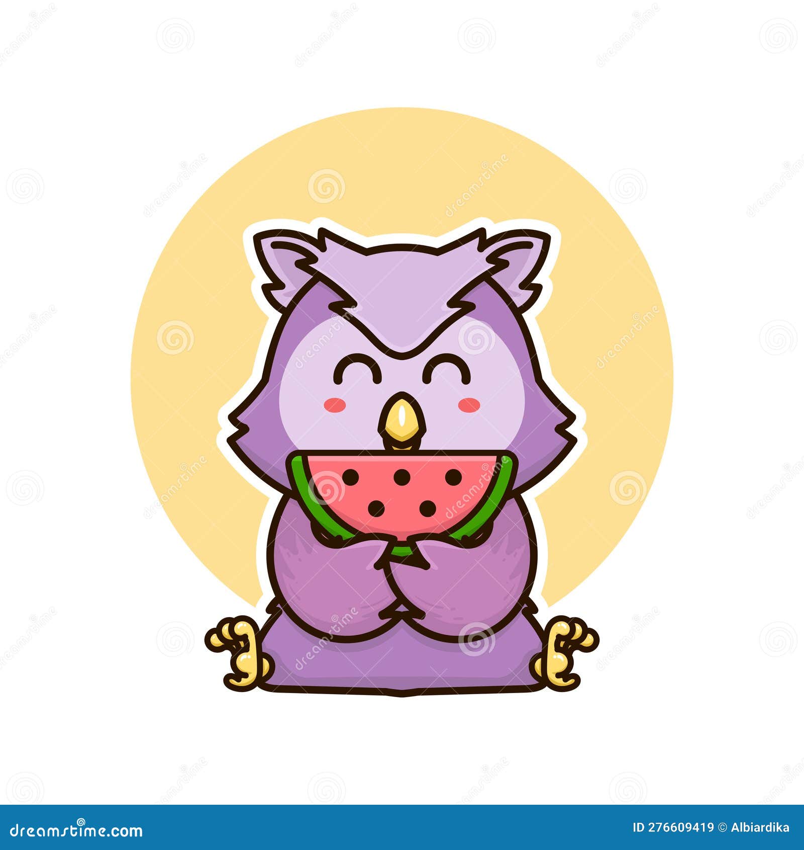 Happy Owl Bird Eat Watermelon Fruit Adorable Cartoon Doodle Vector ...