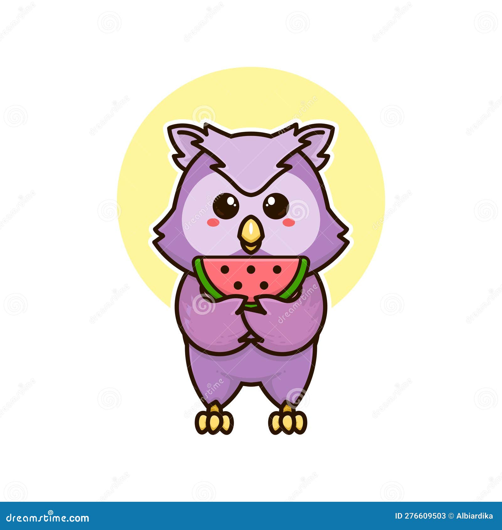 Happy Owl Bird Eat Watermelon Fruit Adorable Cartoon Doodle Vector ...