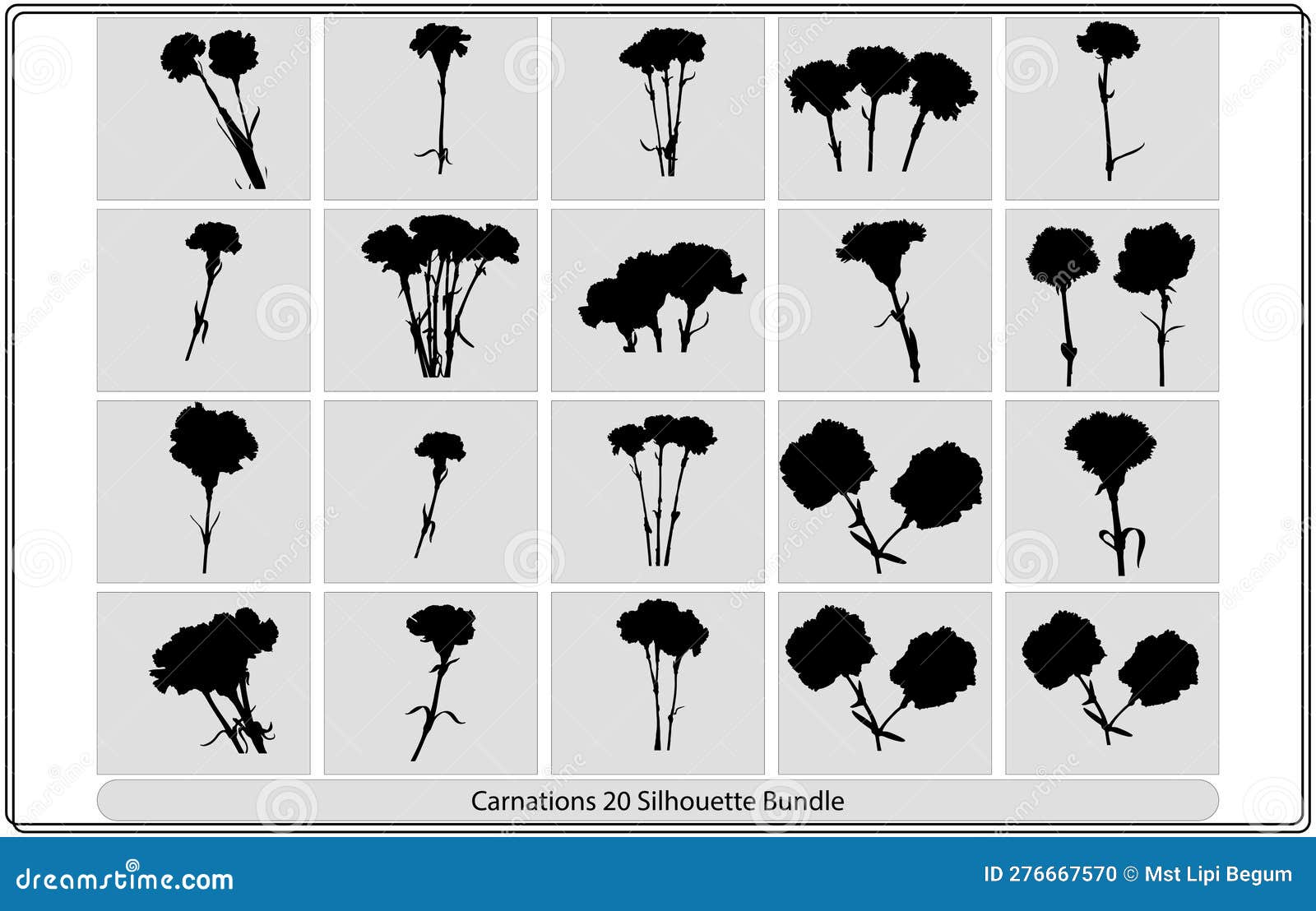 Flower Icon. Carnation Silhouettes with Leaves and Stems. Flower ...