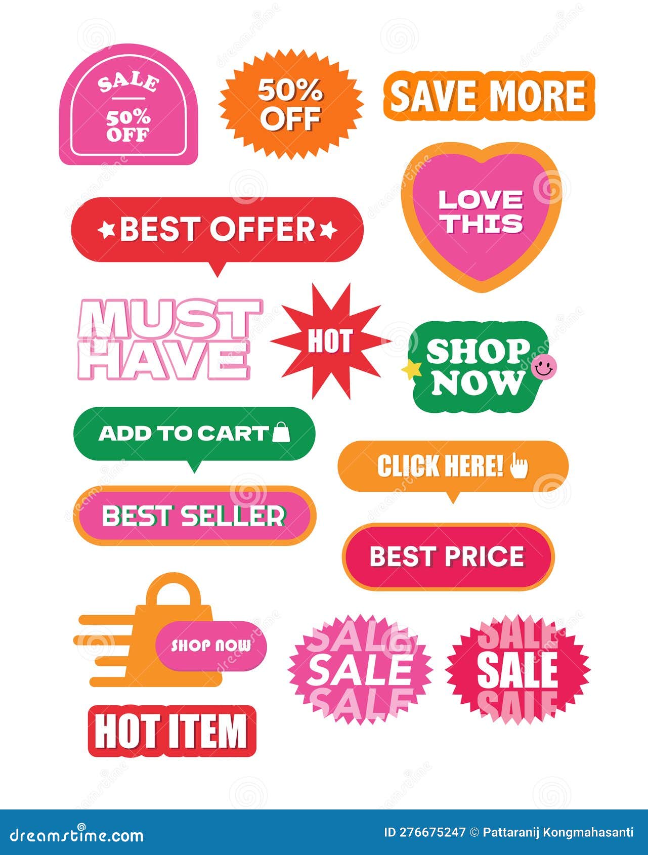 Cute Sale Icon Set Such As Save More, Best Offer, Shop Now, Add To Cart ...