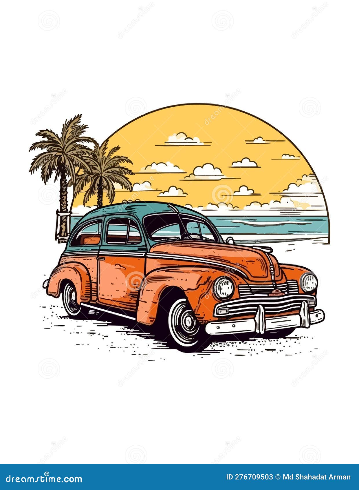 Car in Front of a Beach Hand Drawn Illustration, Car Hand Drawn ...