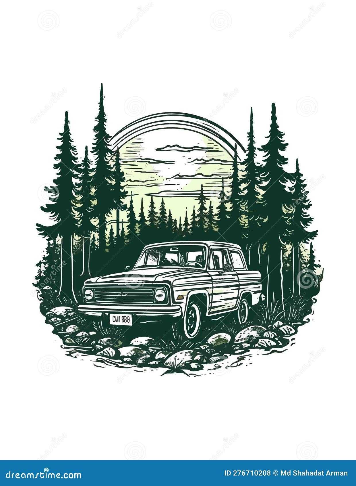Car in Front of a Forest Hand Drawn Illustration, Car in Front of a ...