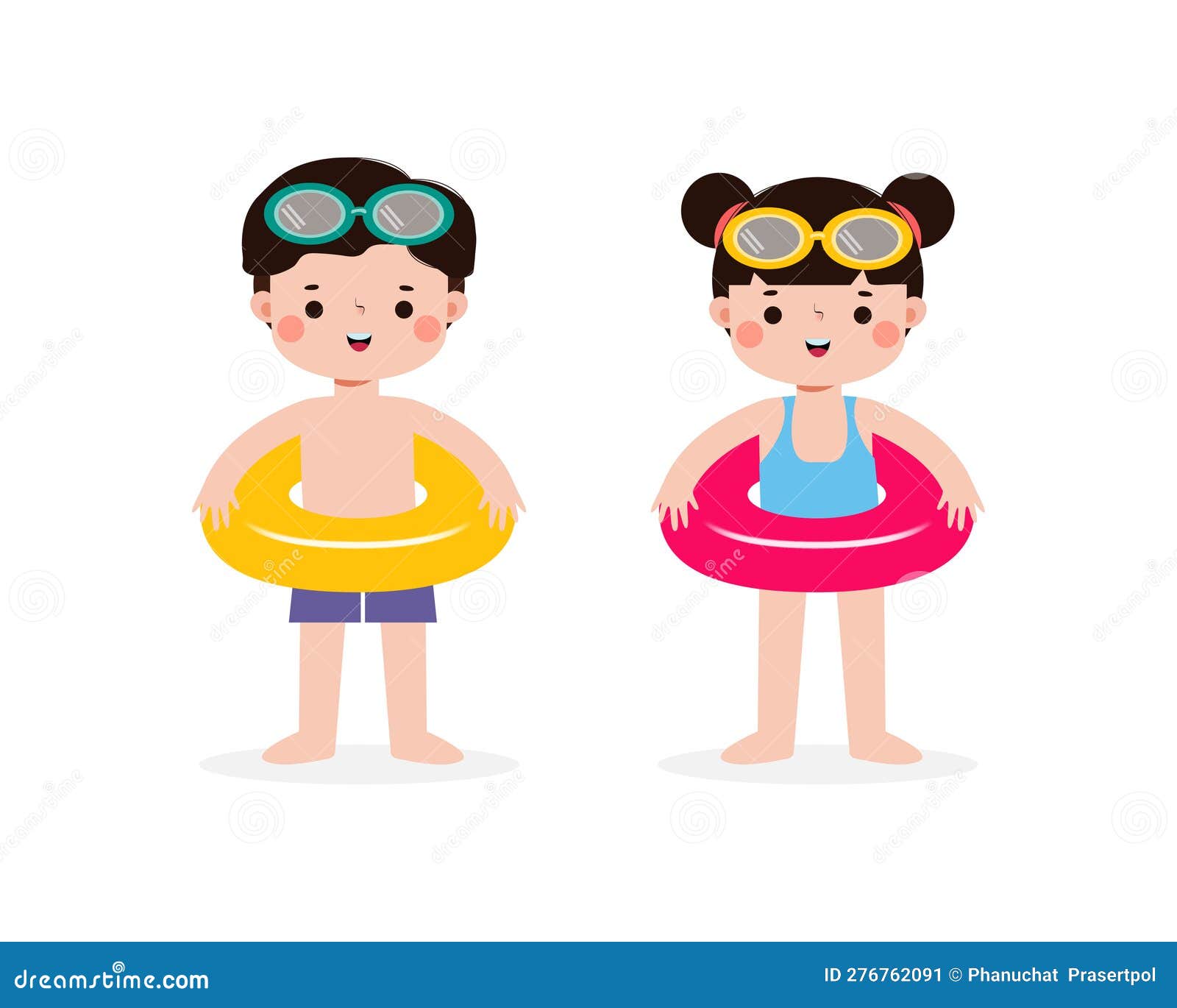 Set of Children Wearing Swimming Suits and Rings, Cute Kids Cartoon ...