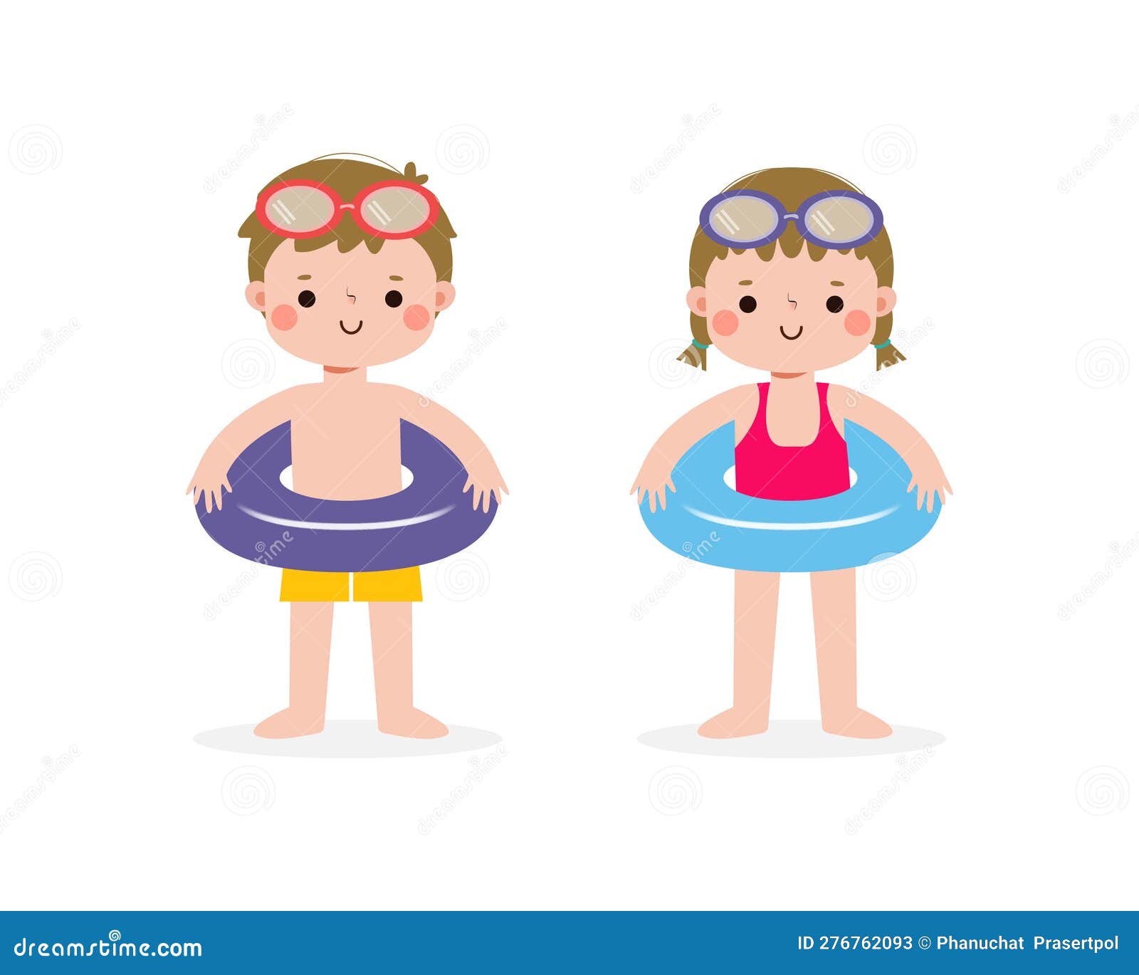 Set of Children Wearing Swimming Suits and Rings, Cute Kids Cartoon ...