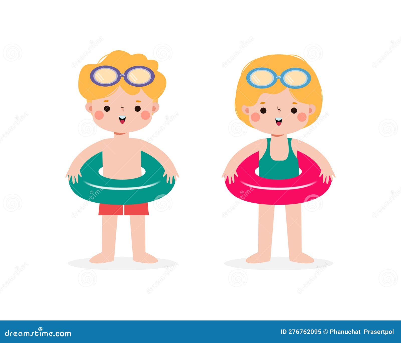 Set of Children Wearing Swimming Suits and Rings, Cute Kids Cartoon ...