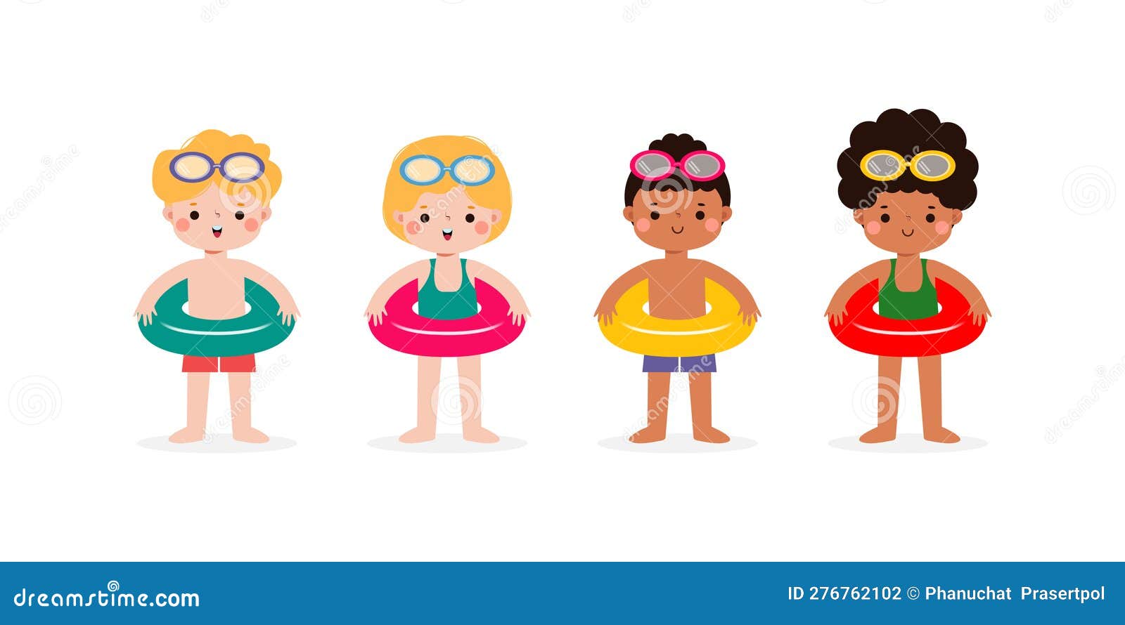 Set of Children Wearing Swimming Suits and Rings, Cute Kids Cartoon ...