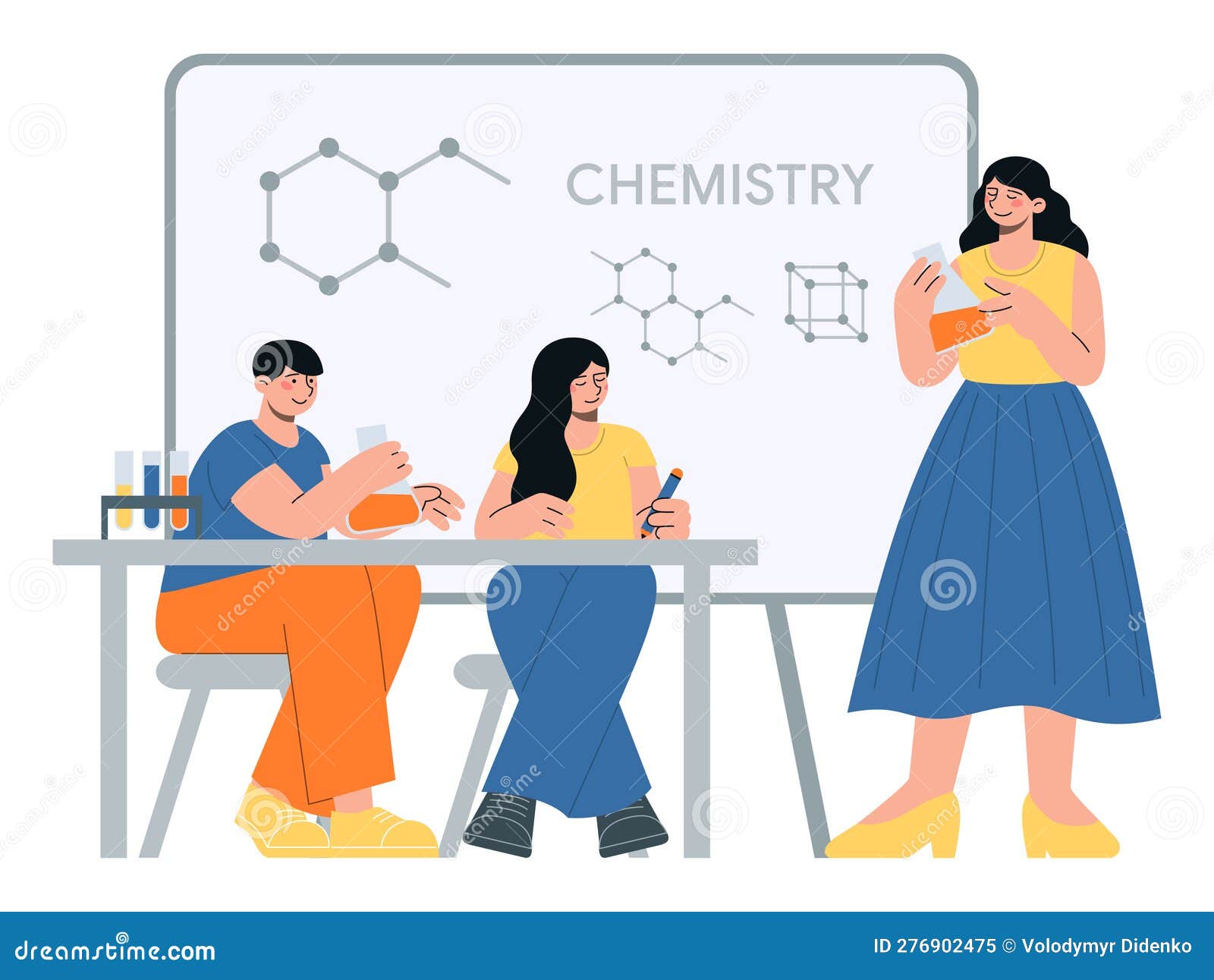 Chemistry Class with Teacher and Students, School Board and Test Tubes ...