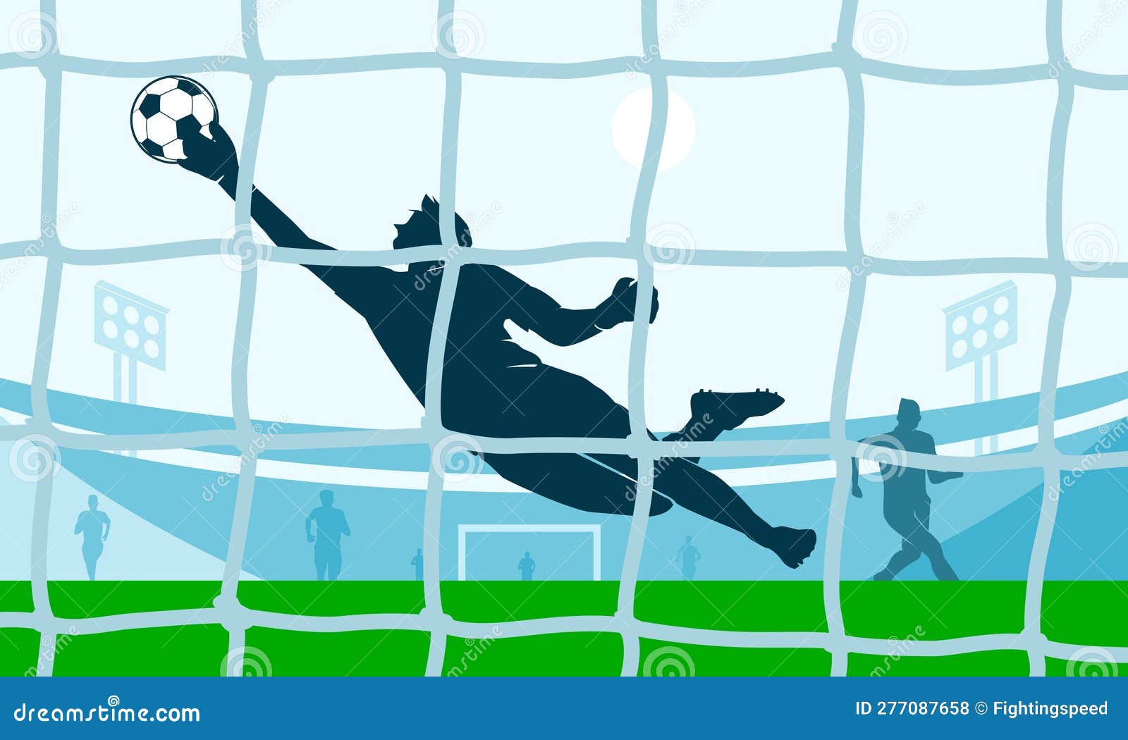 Goalkeeper Jump and Catch the Ball while Playing Game in Stadium Field ...