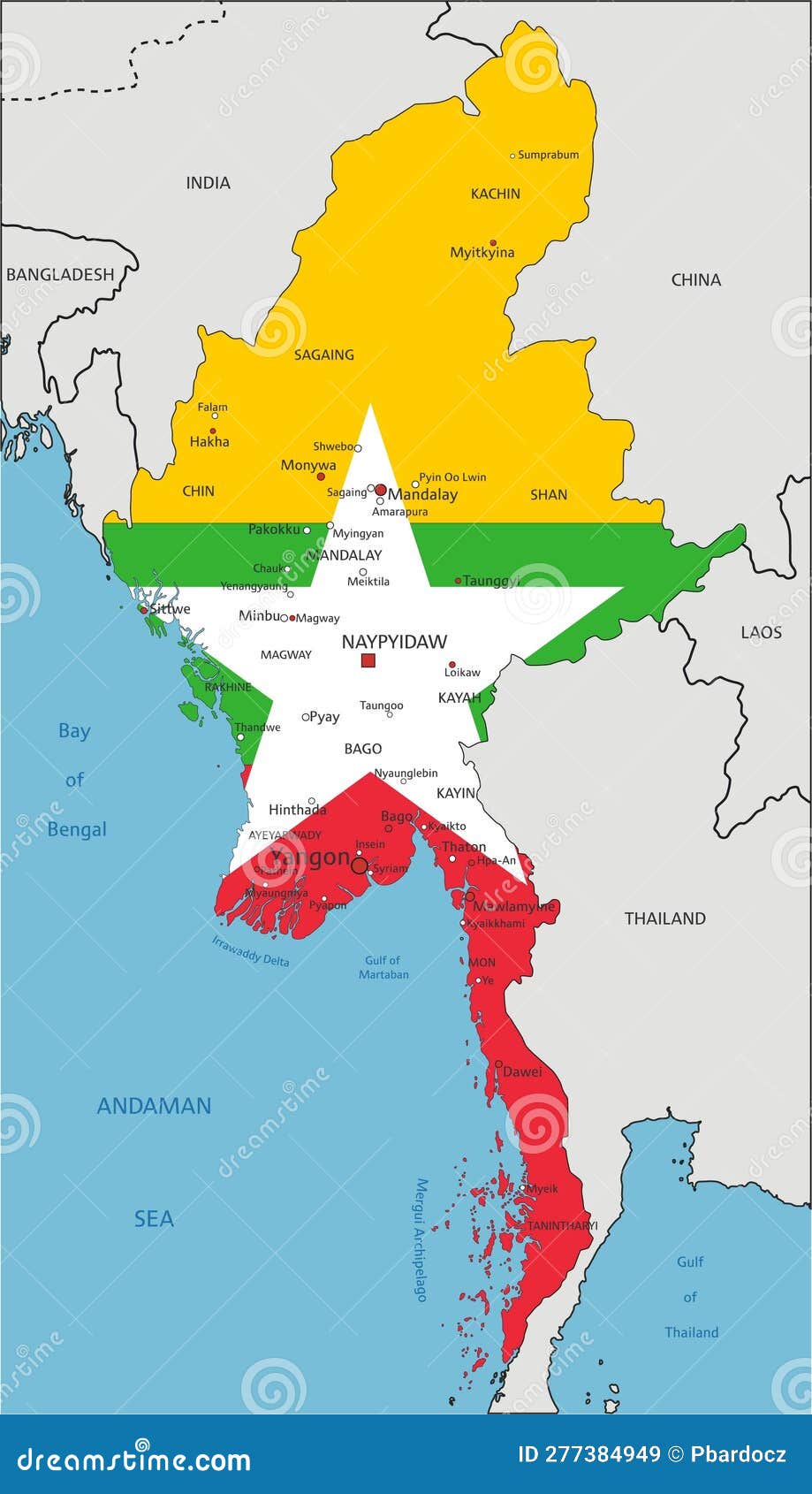 Myanmar Detailed Political Map With National Flag Isolated On White ...