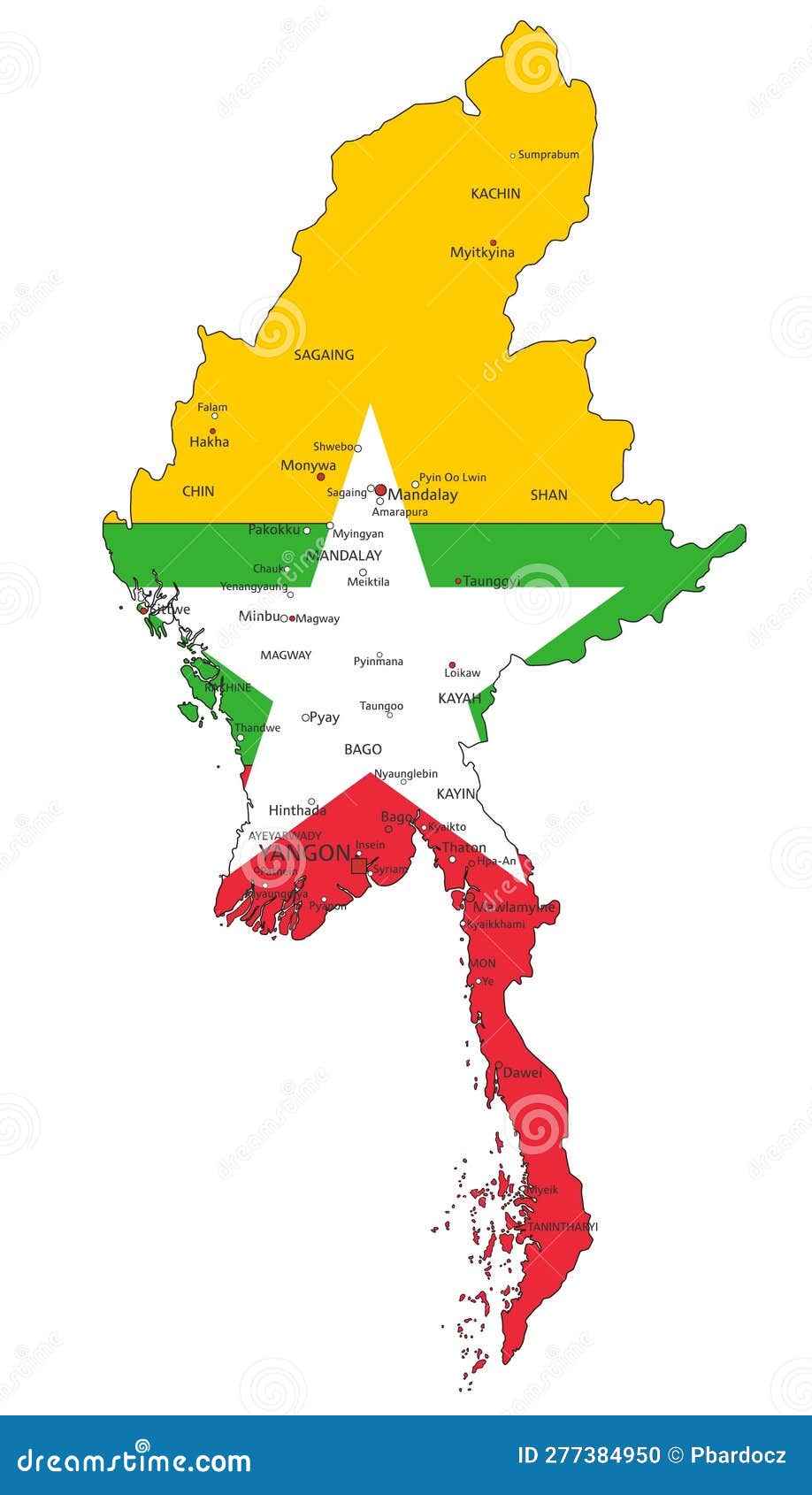Myanmar Detailed Political Map with National Flag Isolated on White ...
