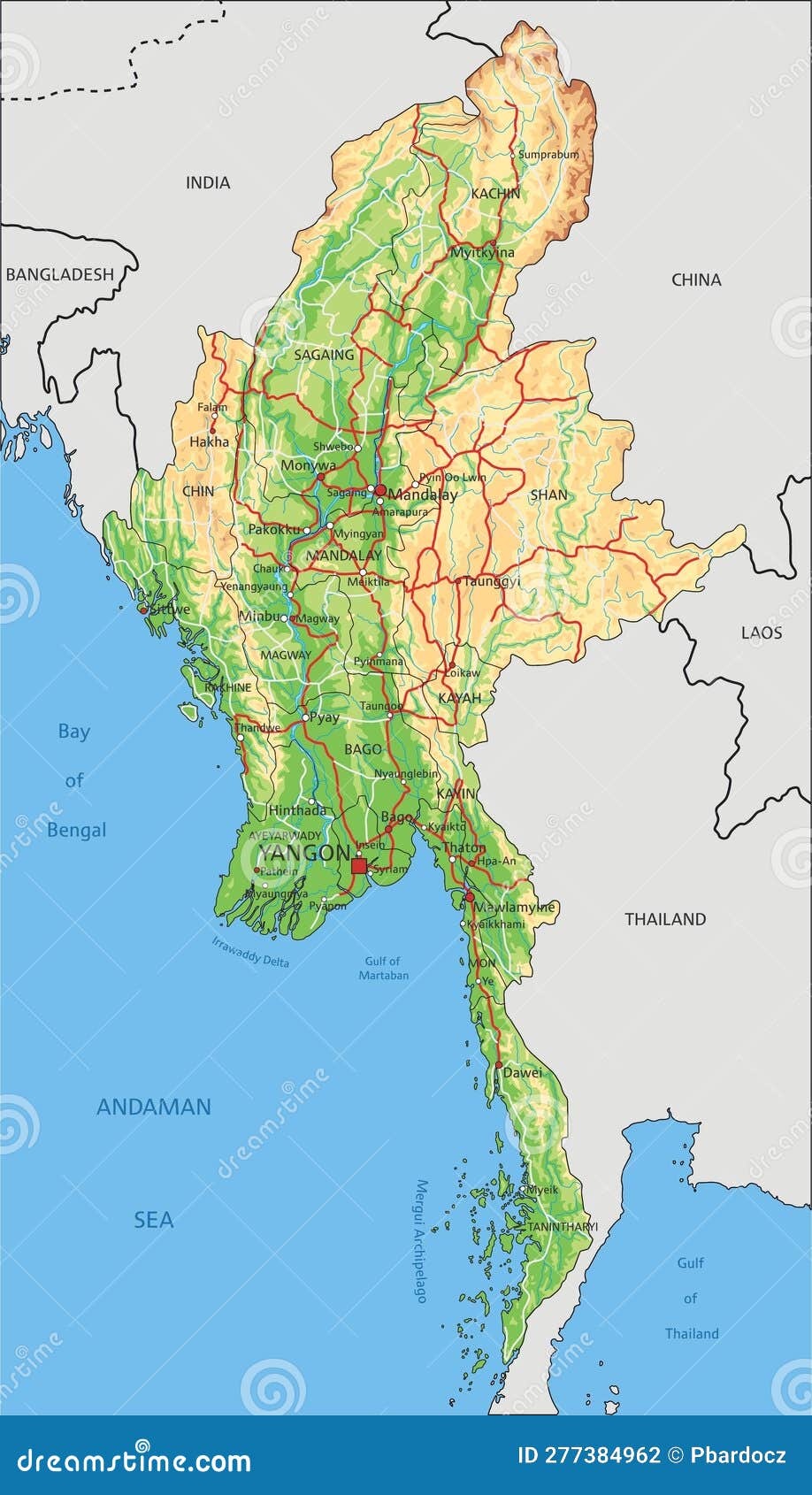 Detailed Myanmar Physical Map with Labeling. Stock Vector ...