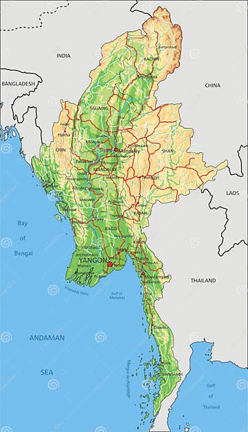 Detailed Myanmar Physical Map with Labeling. Stock Vector ...