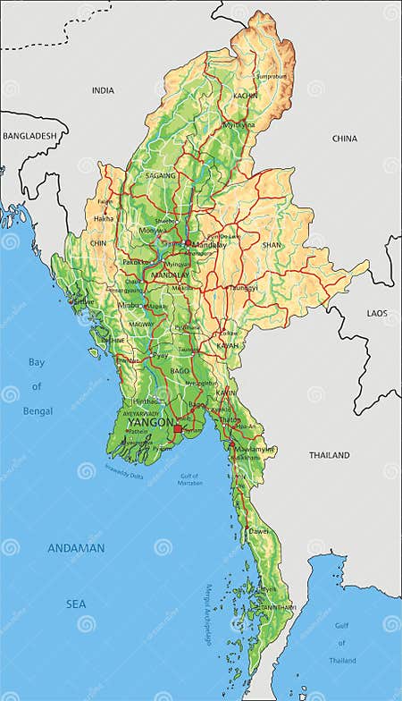 Detailed Myanmar Physical Map with Labeling. Stock Vector ...