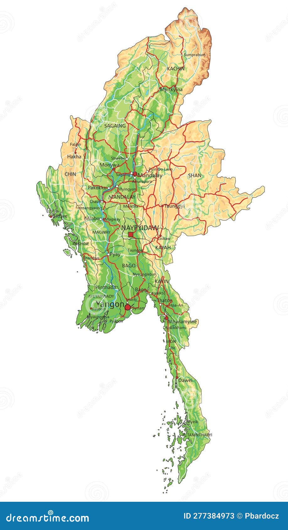 Detailed Myanmar Physical Map with Labeling. Stock Vector ...