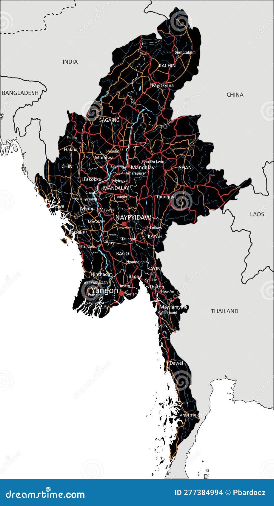 Detailed Myanmar Physical Map. Cartoon Vector | CartoonDealer.com ...