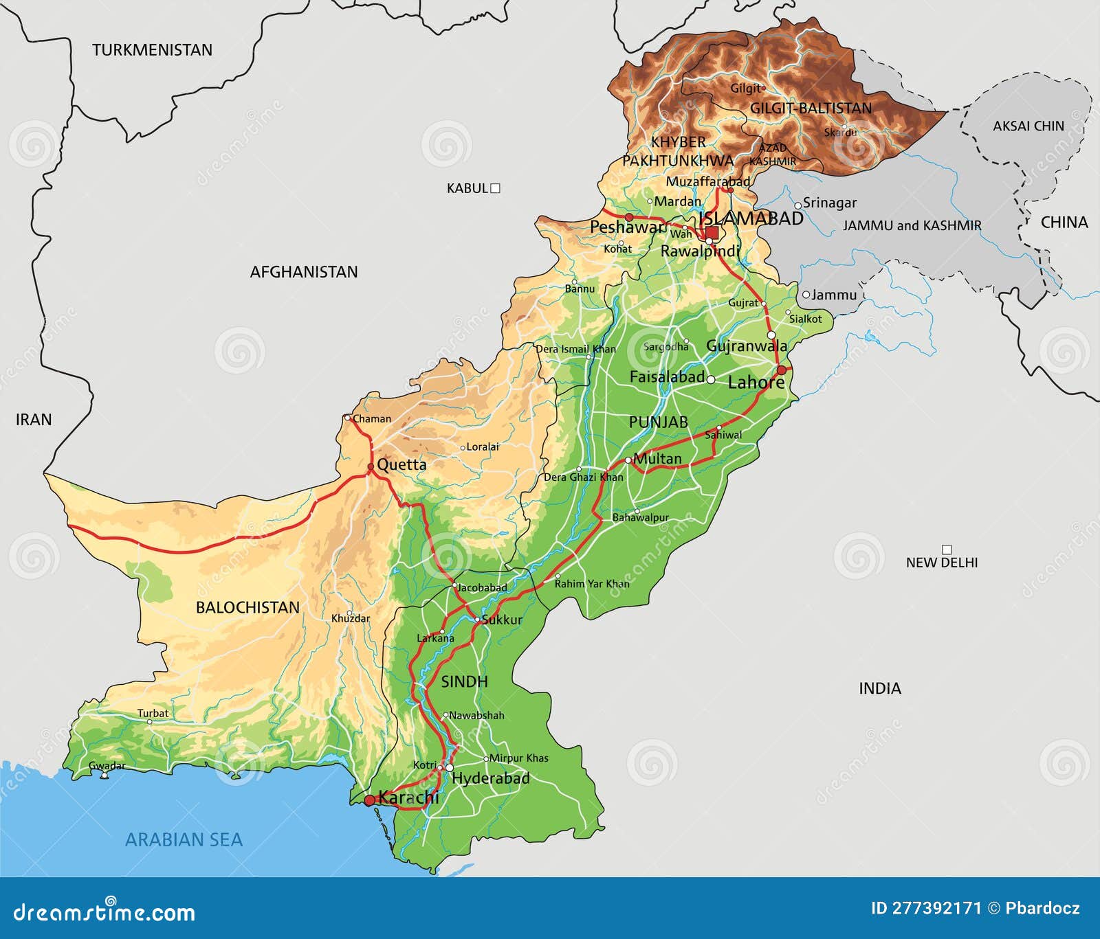 Detailed Pakistan Physical Map with Labeling. Stock Vector ...