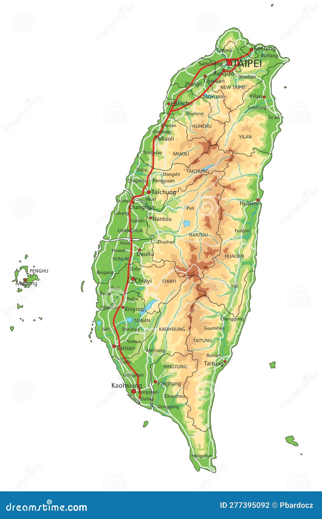 Detailed Taiwan Physical Map with Labeling. Stock Vector - Illustration ...