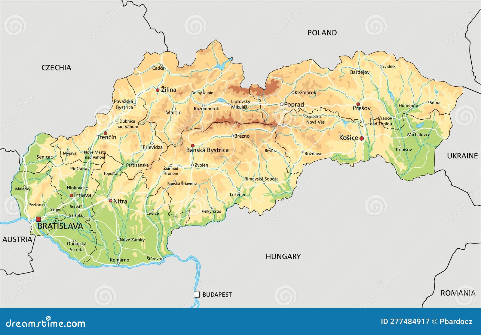 Detailed Slovakia Physical Map with Labeling. Stock Vector ...