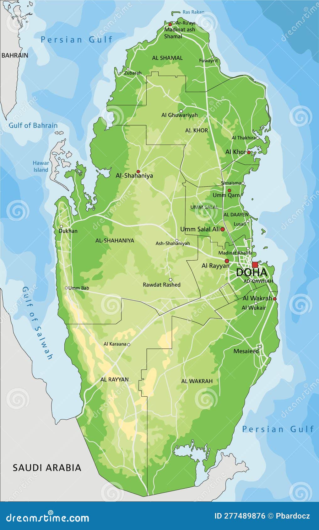 Detailed Qatar Physical Map with Labeling. Stock Vector - Illustration ...