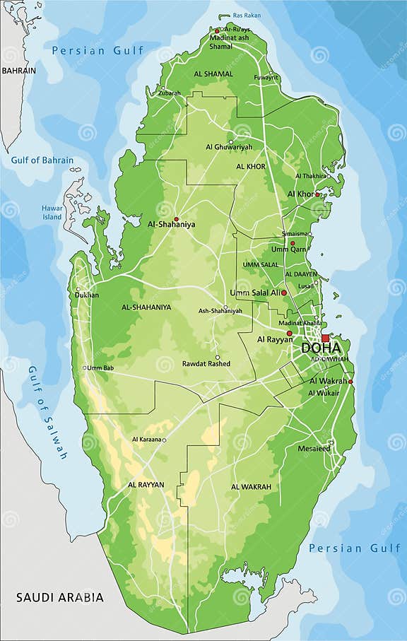 Detailed Qatar Physical Map with Labeling. Stock Vector - Illustration ...