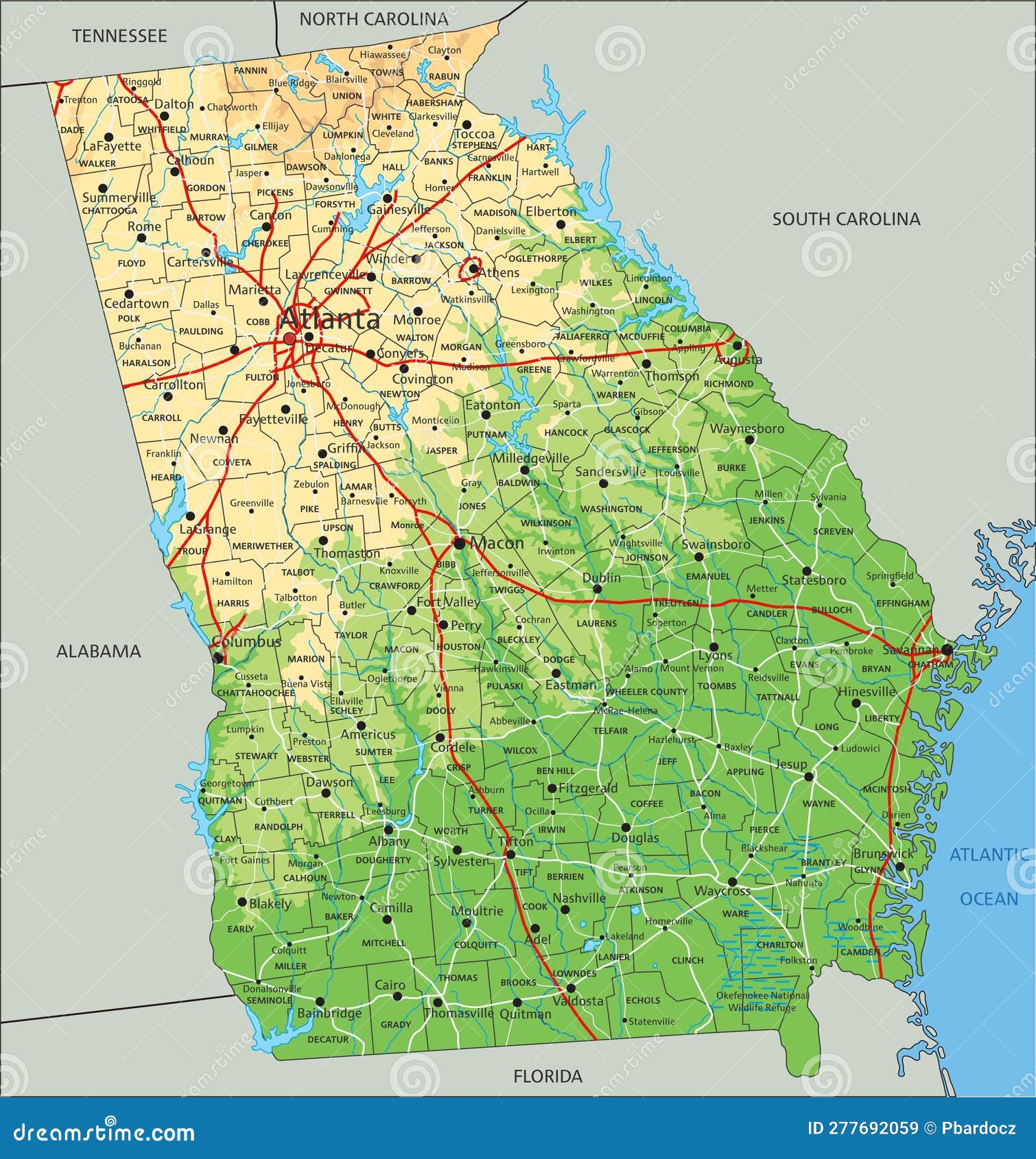 Detailed Georgia Physical Map with Labeling. Stock Vector ...