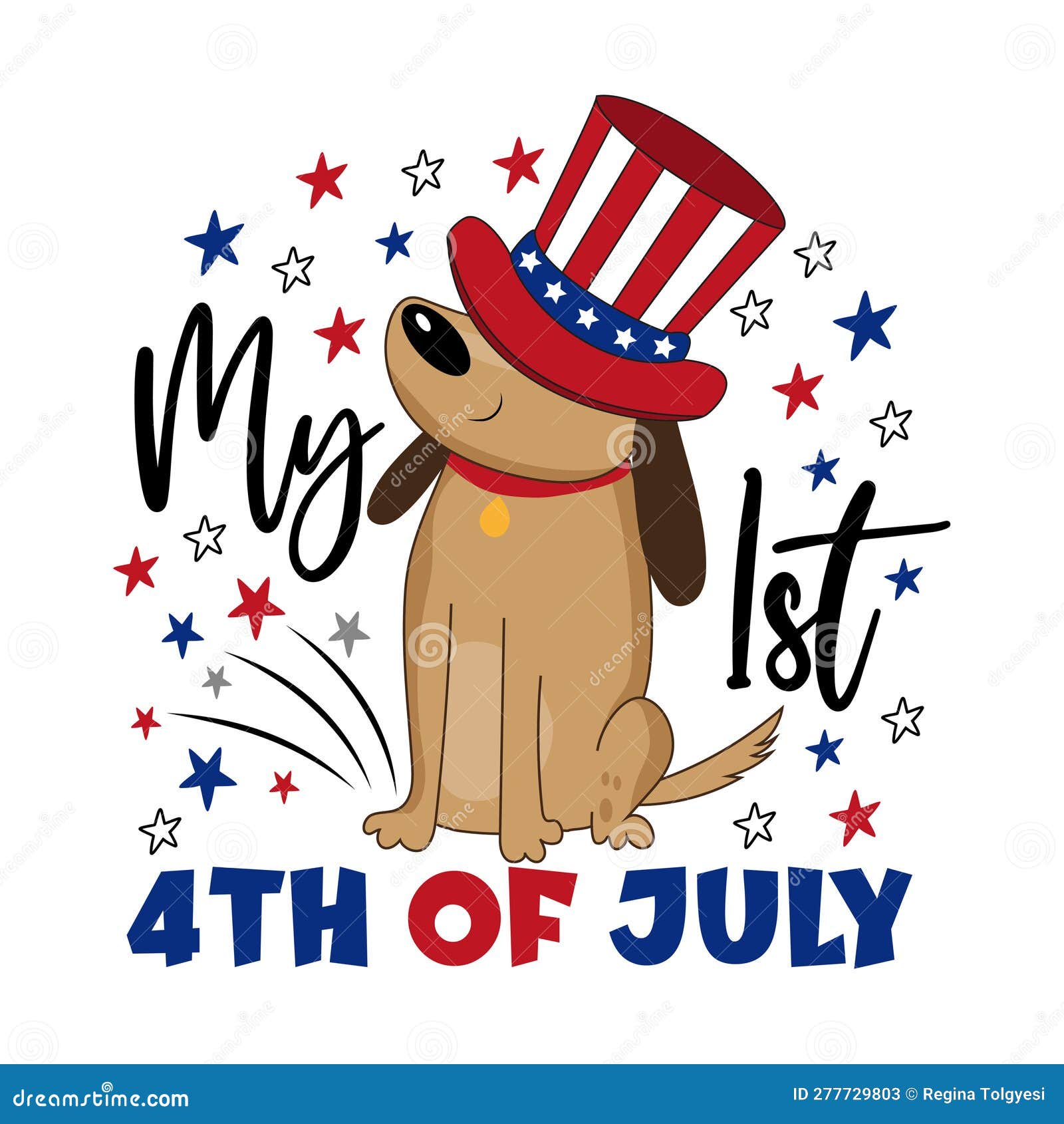 My First 4th of July - Cartoon Dog in Uncle Sam Hat and with Fireworks ...