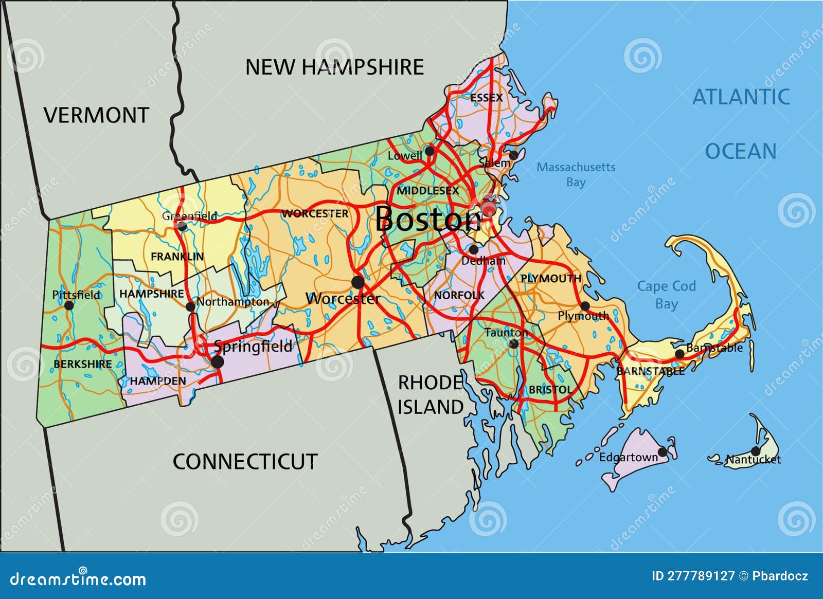 Massachusetts - Detailed Editable Political Map with Labeling. Stock ...