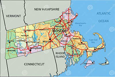 Massachusetts - Detailed Editable Political Map with Labeling. Stock ...