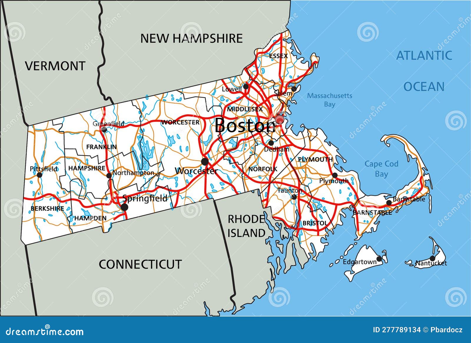 Detailed Massachusetts Road Map with Labeling. Stock Vector ...