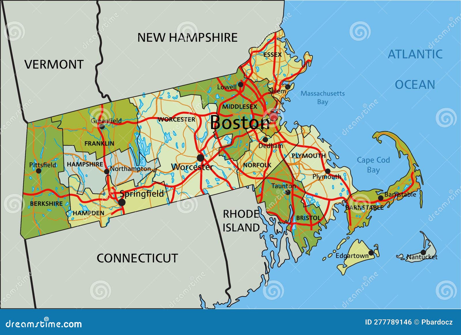 Detailed Editable Political Map with Separated Layers. Massachusetts ...