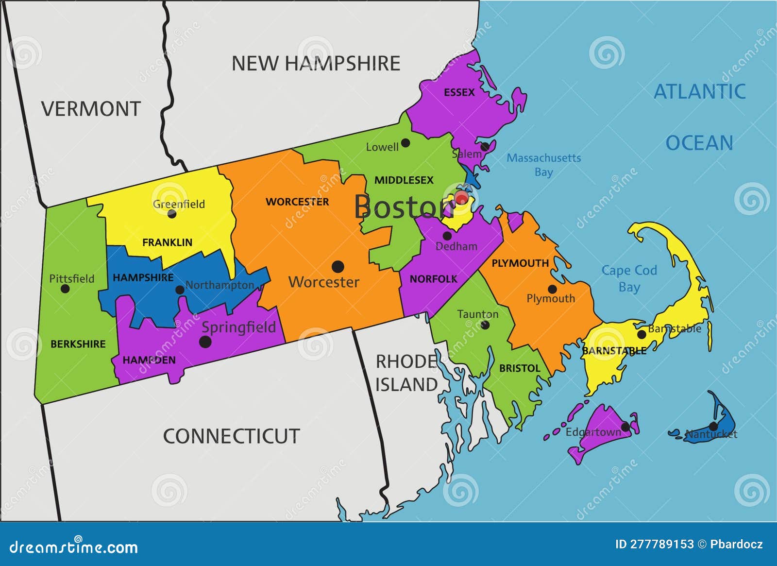 Colorful Massachusetts Political Map with Clearly Labeled, Separated ...