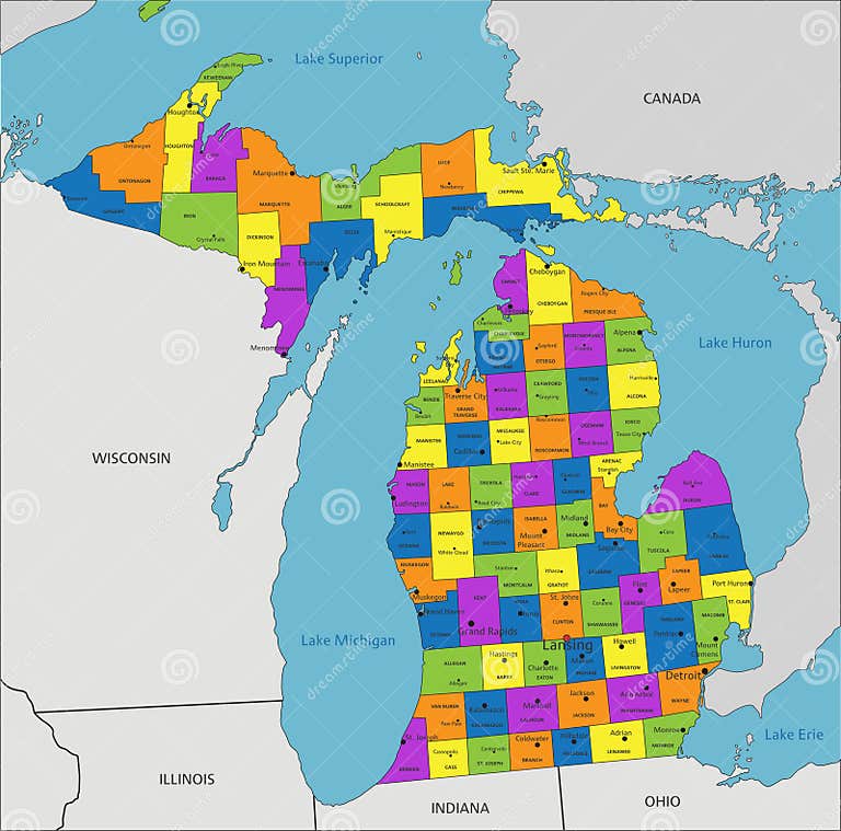 Colorful Michigan Political Map with Clearly Labeled, Separated Layers ...