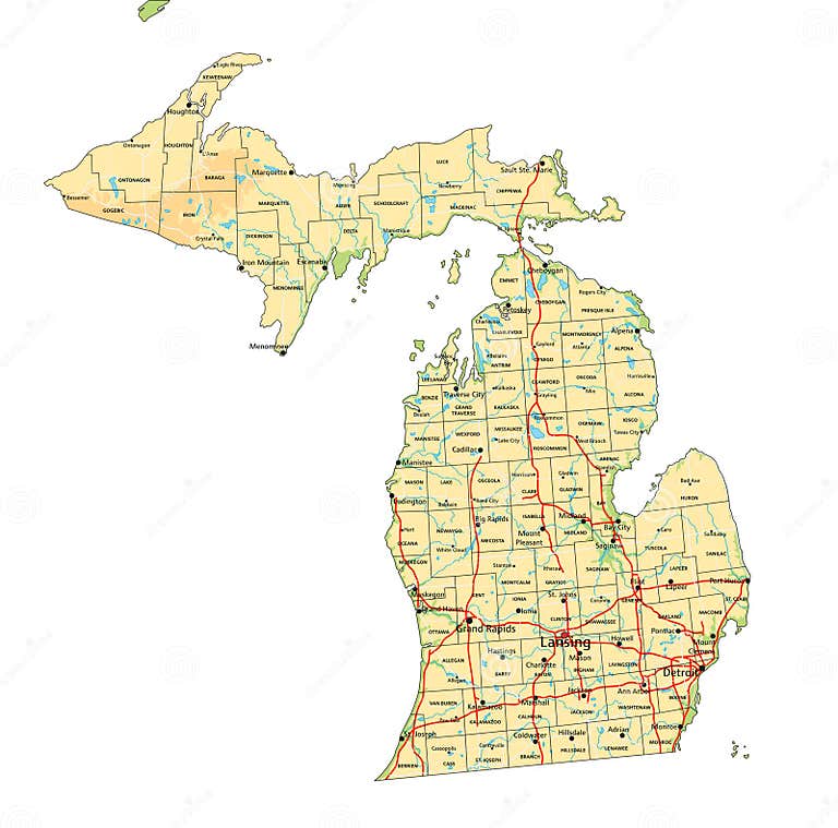 Detailed Michigan Physical Map with Labeling. Stock Vector ...