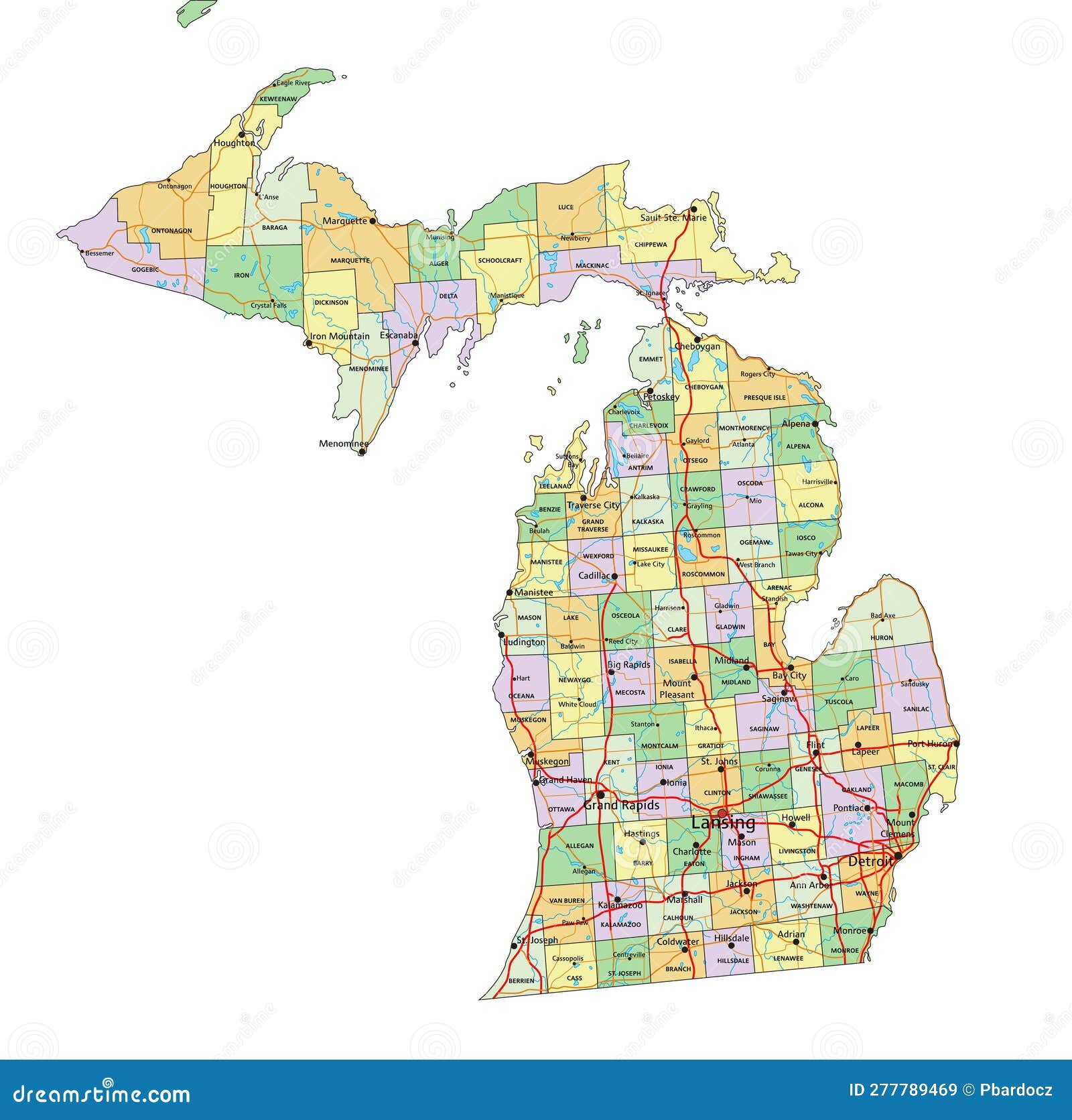 Michigan - Detailed Editable Political Map with Labeling. Stock Vector ...