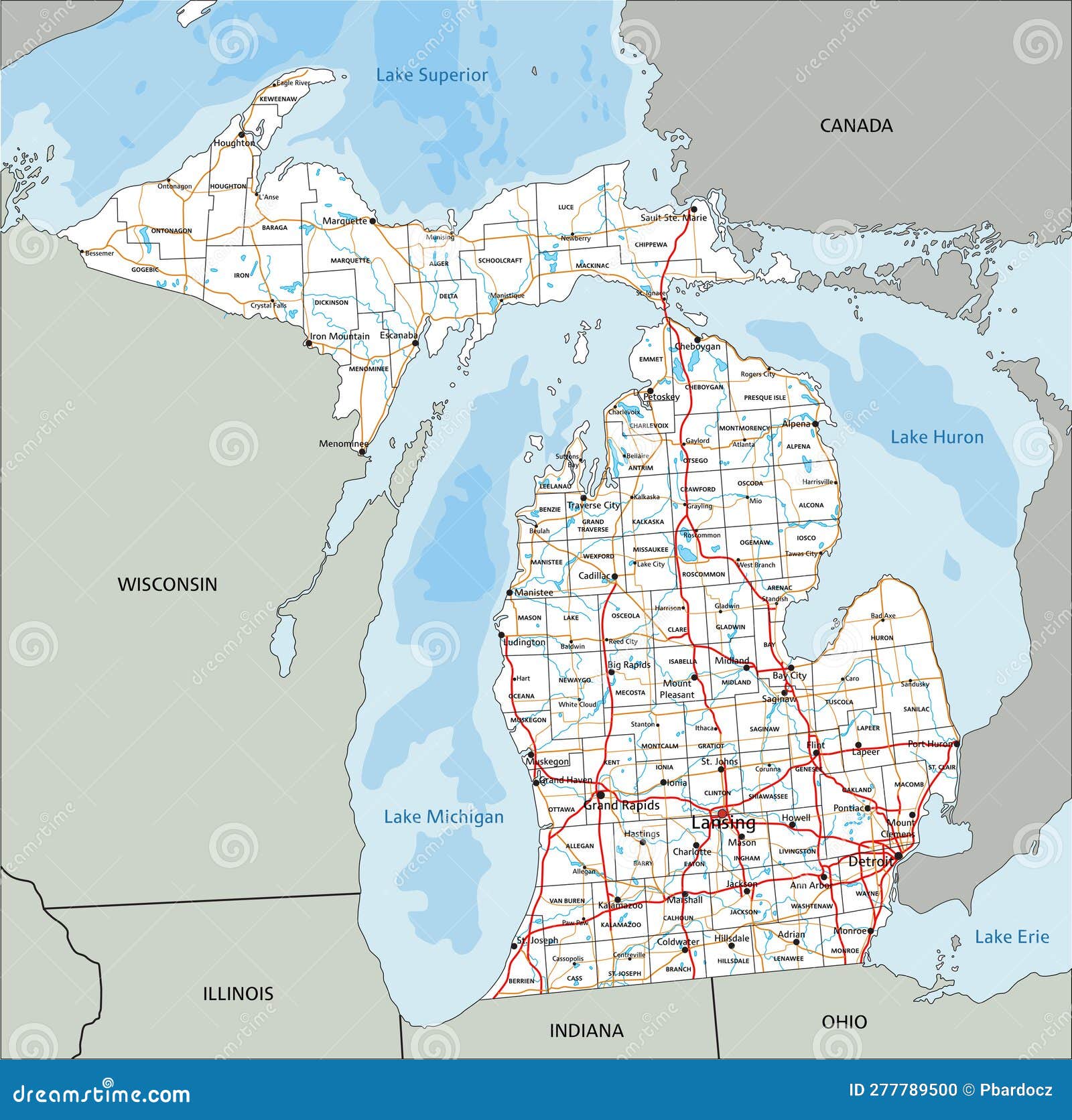 Detailed Michigan Road Map with Labeling. Stock Vector - Illustration ...