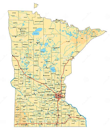 Detailed Minnesota Physical Map with Labeling. Stock Vector ...