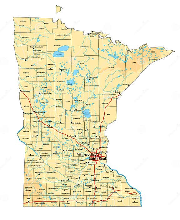 Detailed Minnesota Physical Map with Labeling. Stock Vector ...