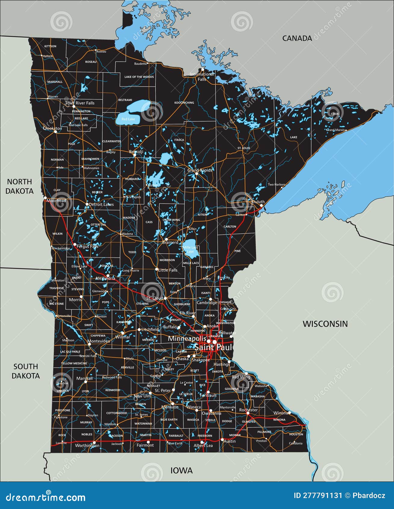 Detailed Minnesota Road Map with Labeling. Stock Vector - Illustration ...