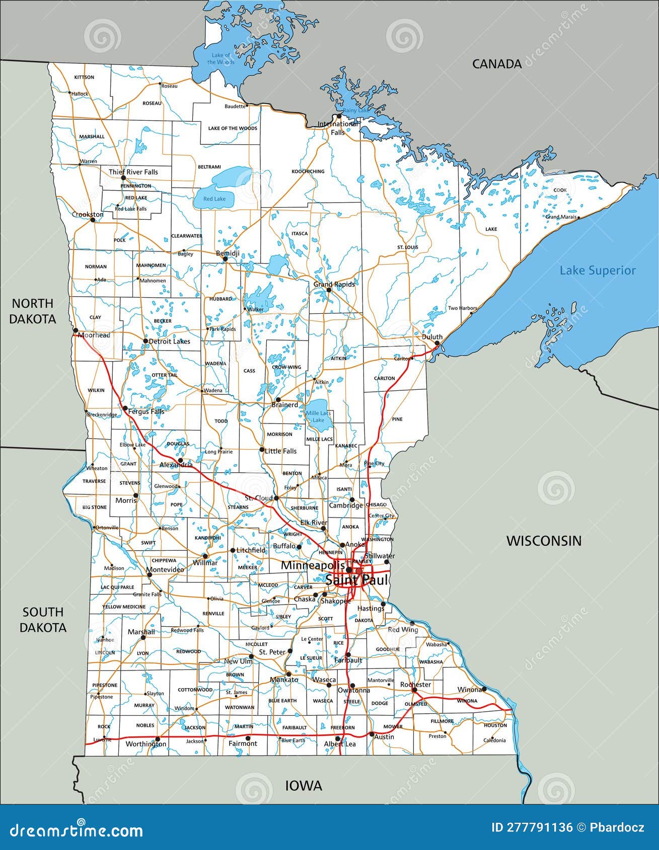 Detailed Minnesota Road Map with Labeling. Stock Vector - Illustration ...