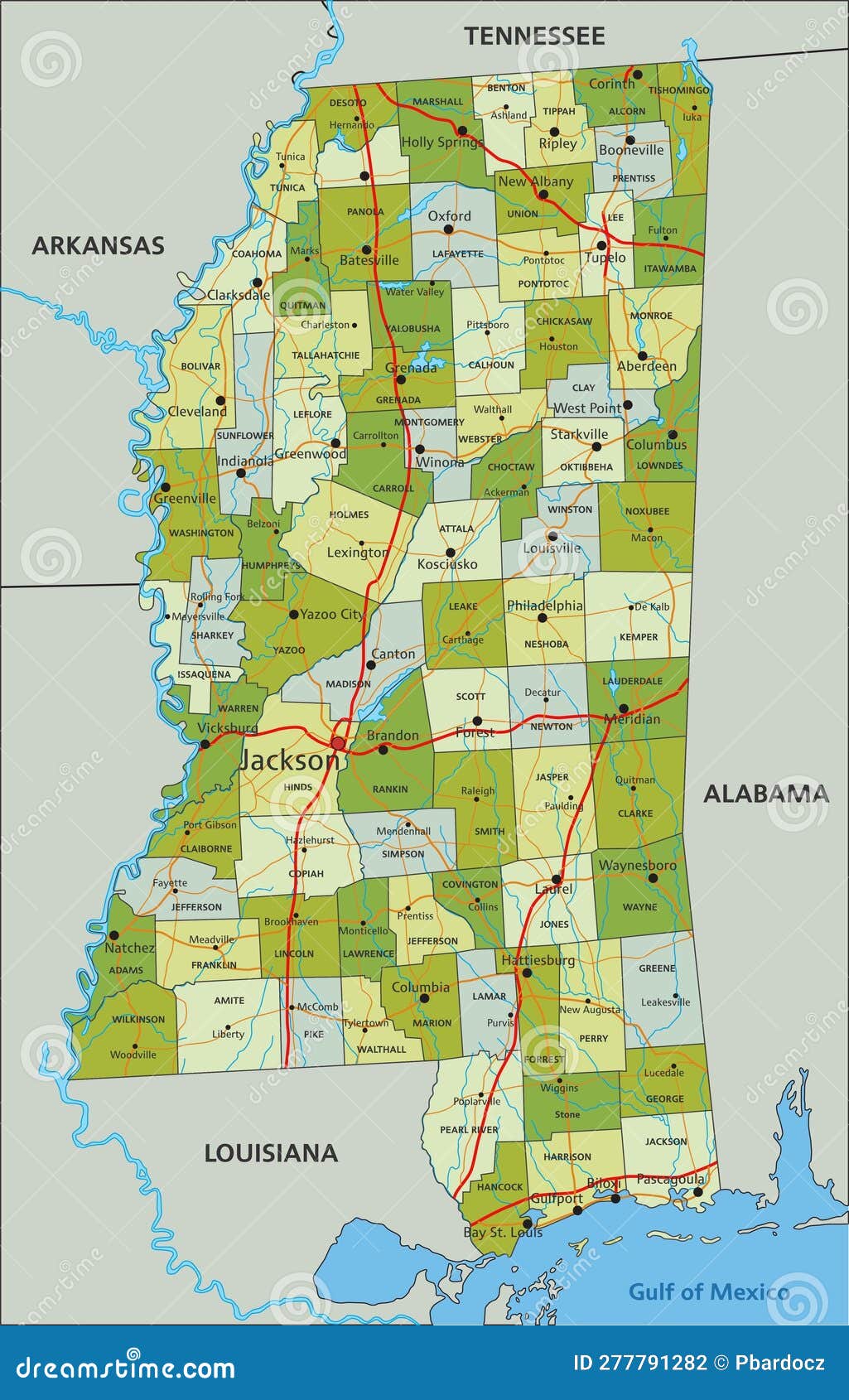 Detailed Editable Political Map with Separated Layers. Mississippi ...