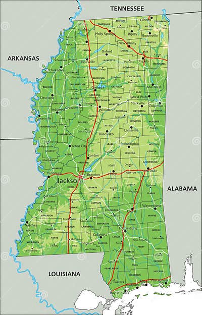 Detailed Mississippi Physical Map with Labeling. Stock Vector ...