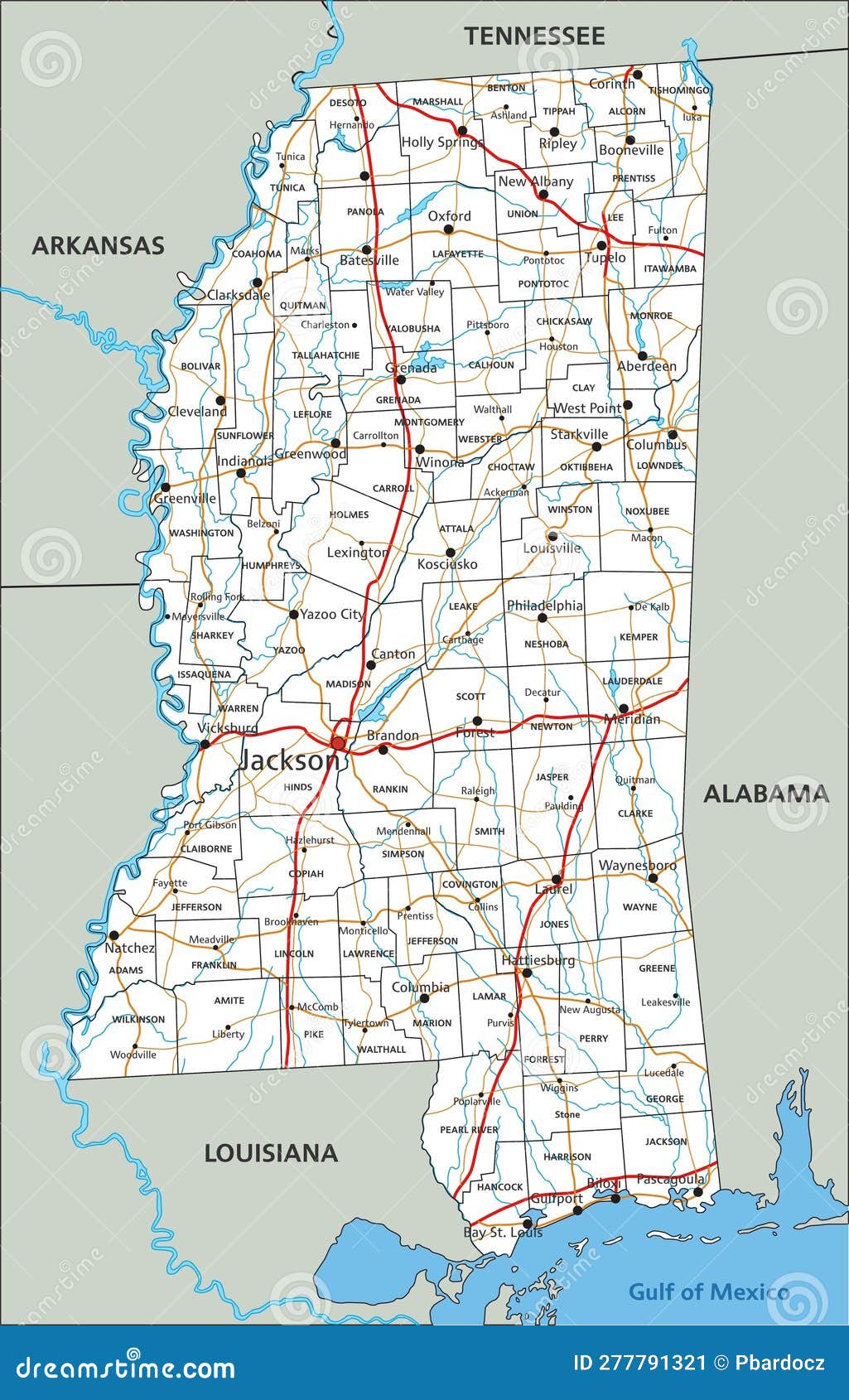 Detailed Mississippi Road Map with Labeling. Stock Vector ...